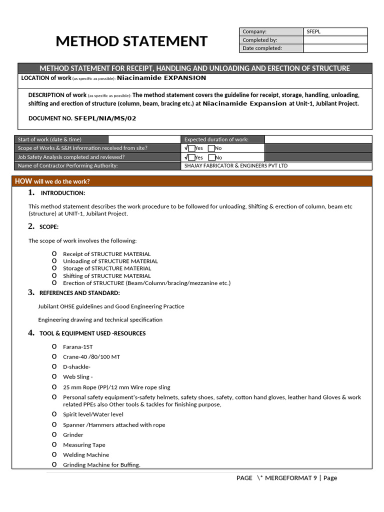 Steel Structure Erection Method Statement | PDF | Crane (Machine ...