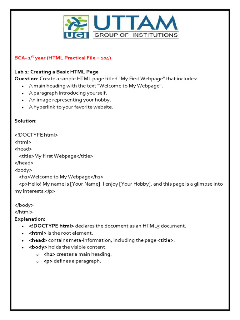 HTML Practical 1 (BCA-1) | PDF
