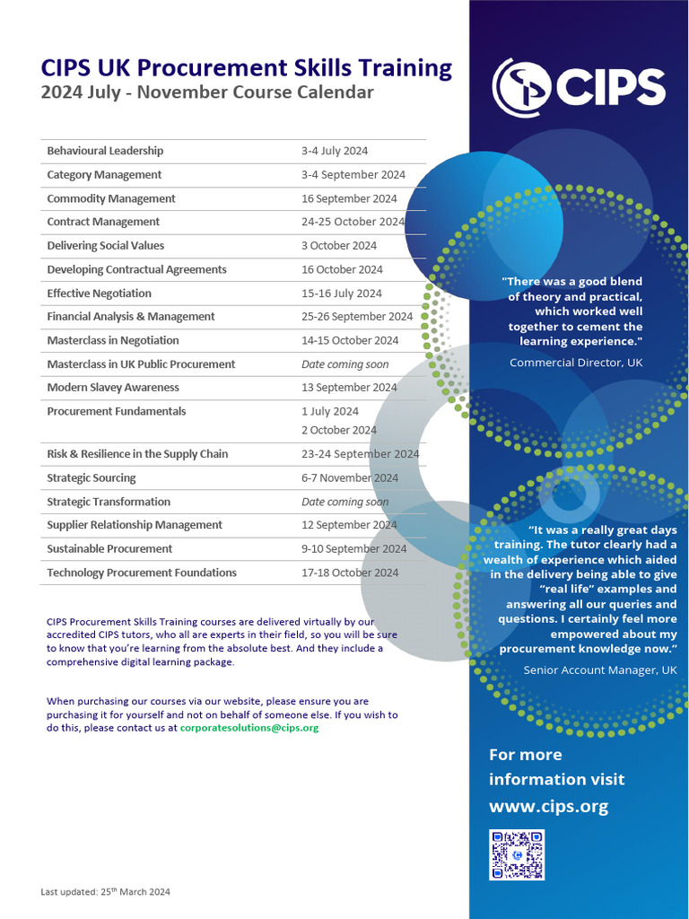 CIPS UK Procurement Skills Training Calendar - July 24 | PDF