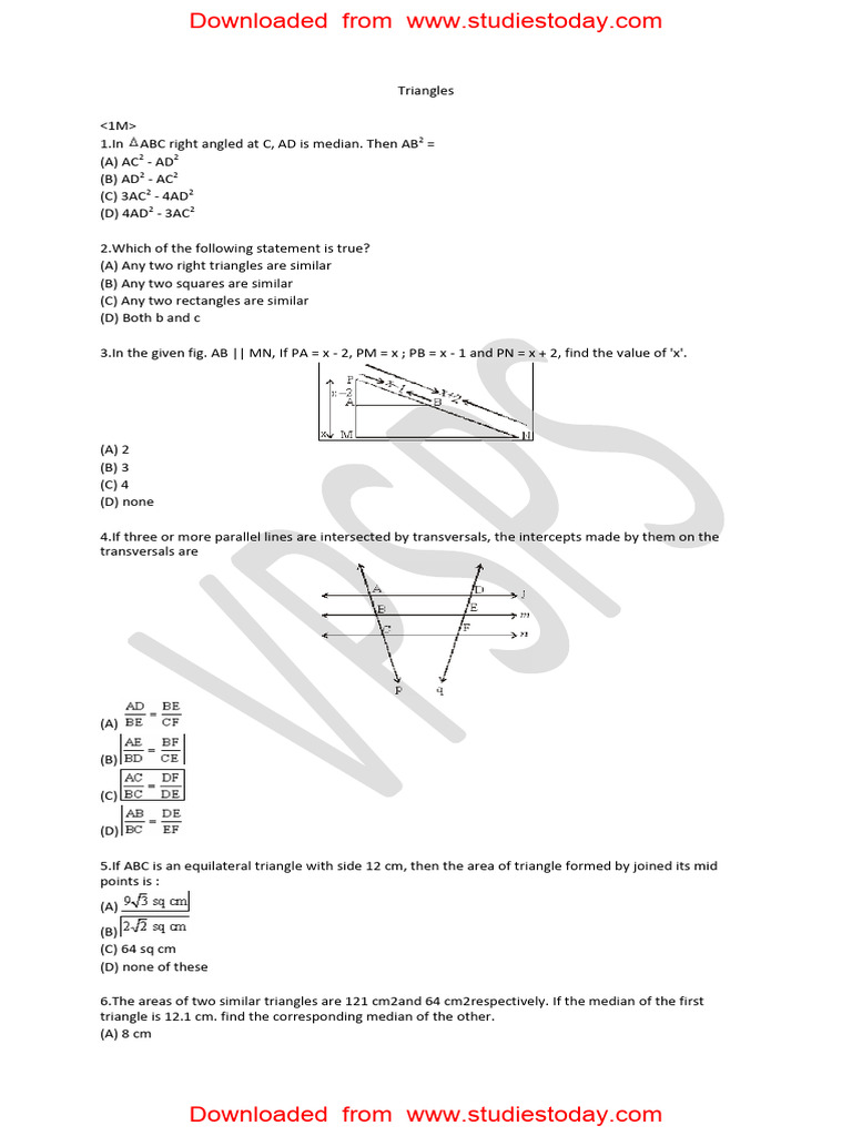 CBSE Class 10 Mathematics Worksheet - Triangles | PDF