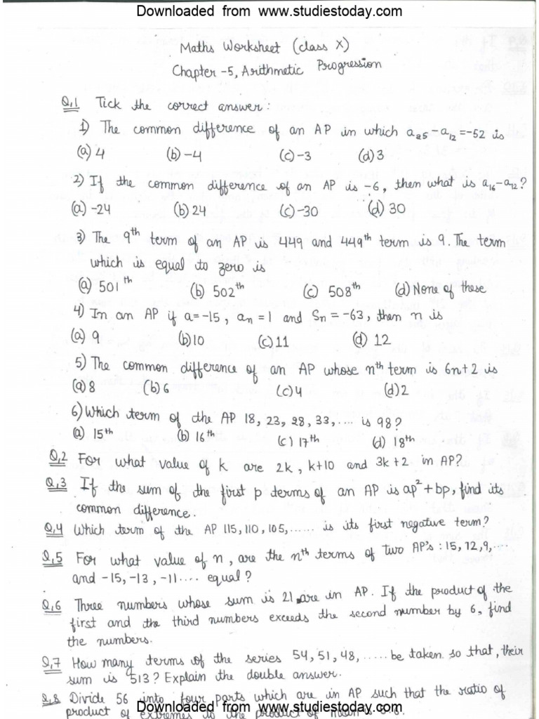 CBSE Class 10 Mathematics Worksheet - Arithmetic Progression | PDF