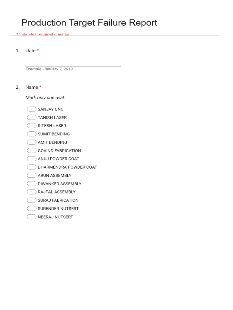 Production Target Failure Report Form - Google Forms | PDF