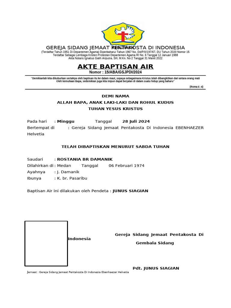 Akte Baptisan Air Rostania | PDF