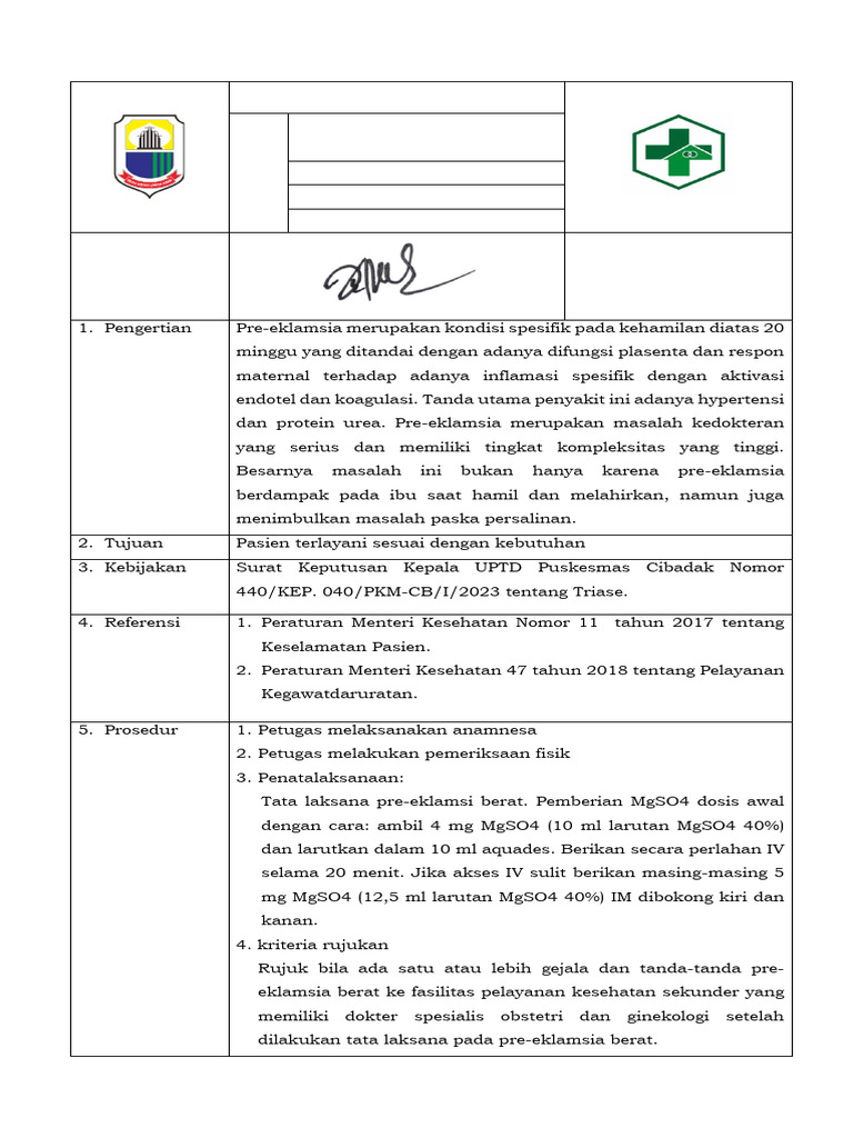 Sop Pre Eklamsia Berat 2023 Ready | PDF
