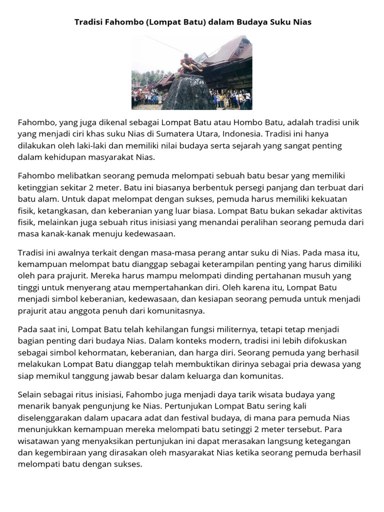 Ringkasan Tradisi Fahombo (Lompat Batu) Dalam Budaya Suku Nias | PDF