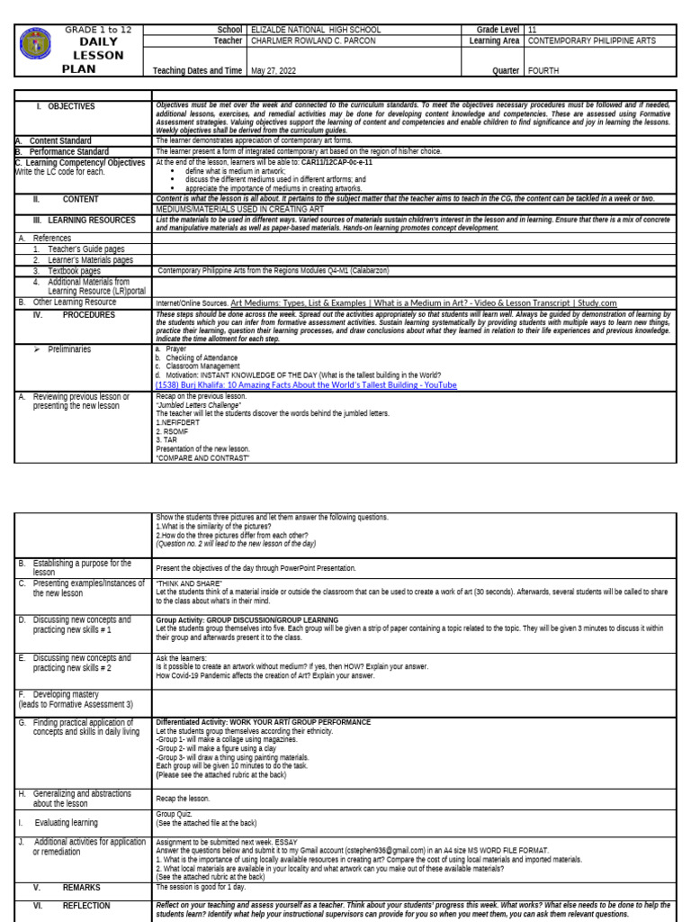 Grade 11 Contemporary Art Lesson Plan | PDF | Learning | Art