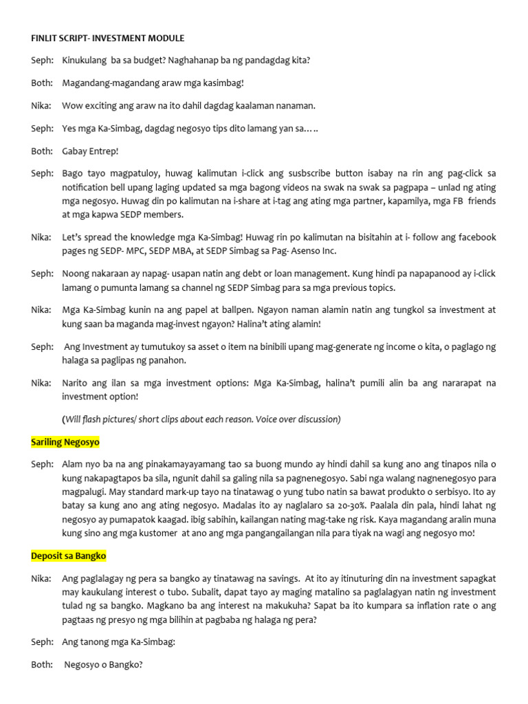 Finlit Script Module 5 Investment Part 1 2 | PDF