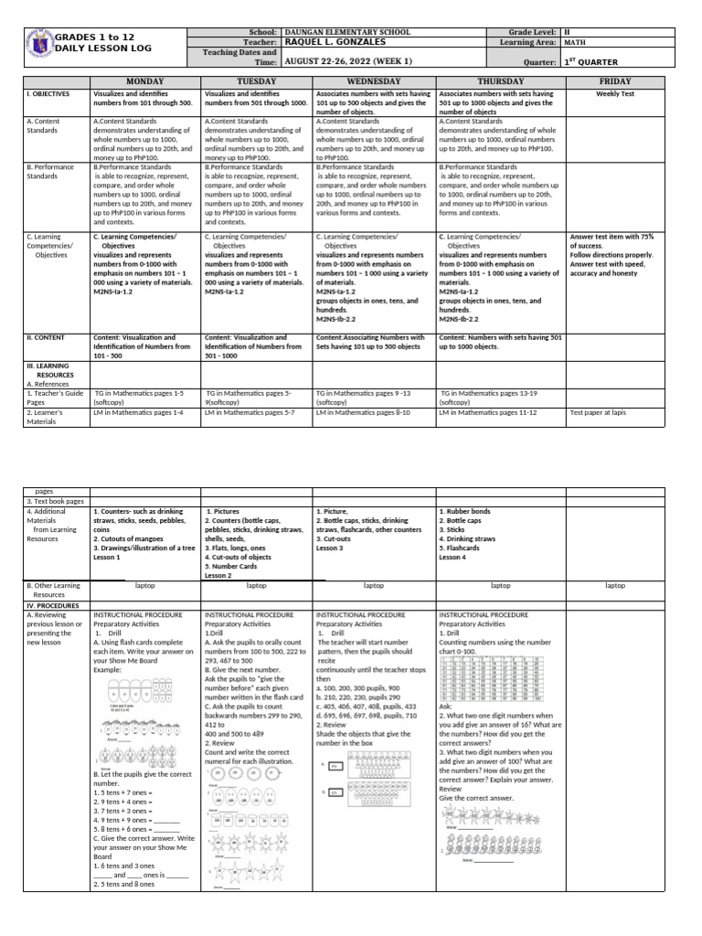 DLL - Math 2 - Q1 - W1 | PDF