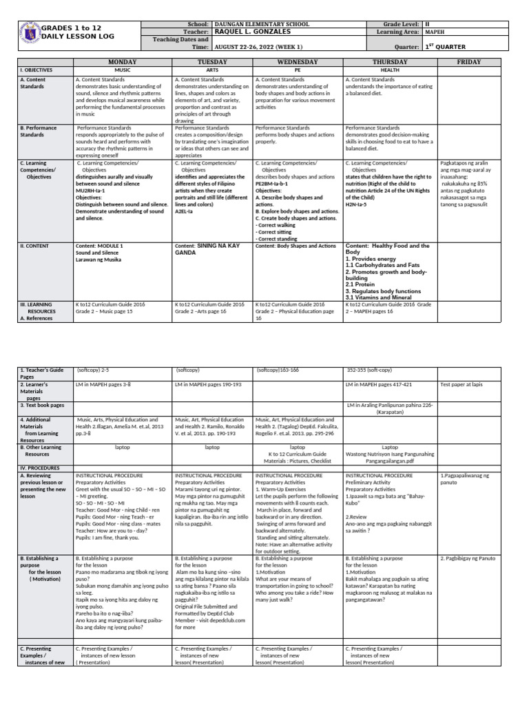 DLL - Mapeh 2 - Q1 - W1 | PDF