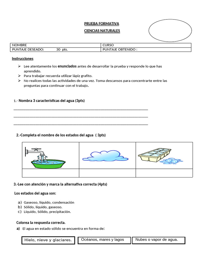 Prueba Formativa de Ciencias Naturales | PDF | Agua | El ciclo del agua