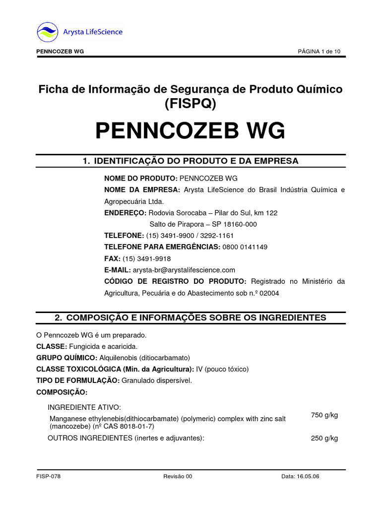 Ficha de Informação de Segurança de Produto Químico (Fispq) Penncozeb ...