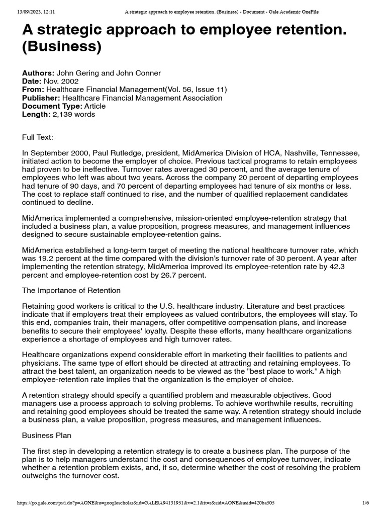 A Strategic Approach To Employee Retention. (Business) - Document ...