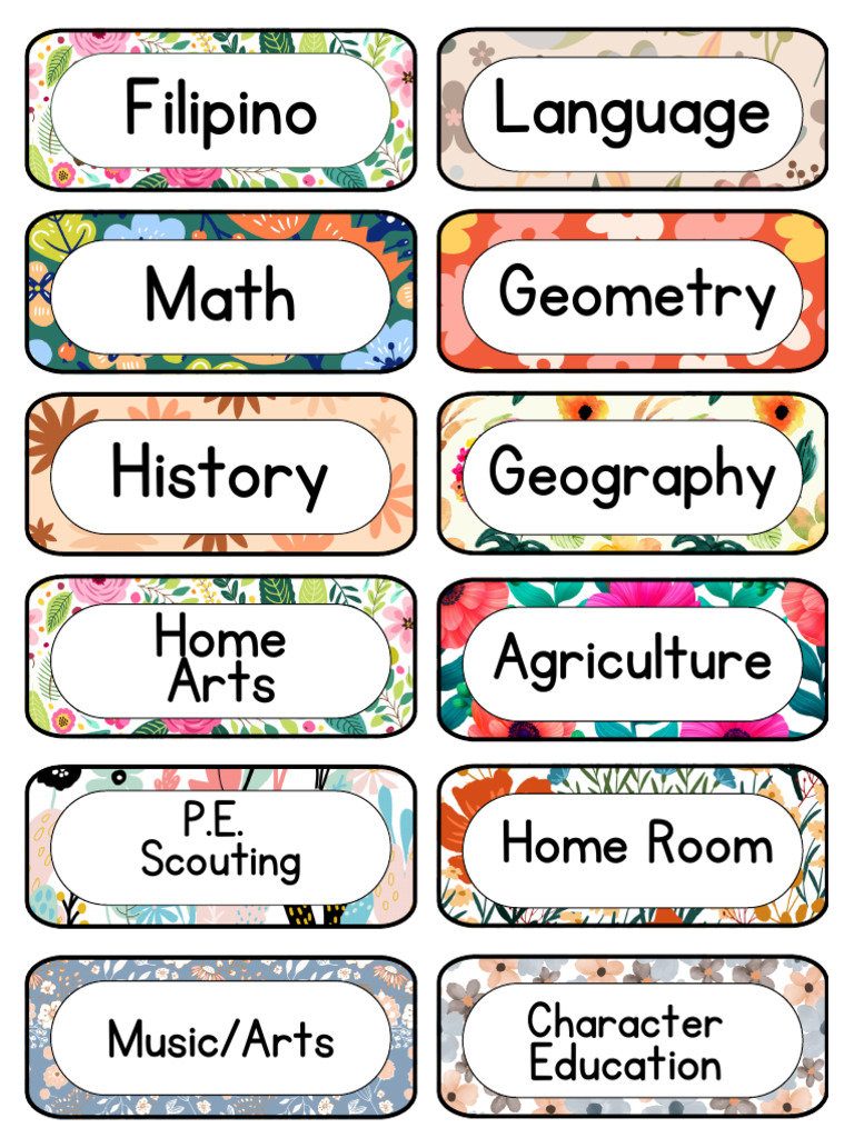 Colorful Floral Patterns Subject Labels US Document | PDF