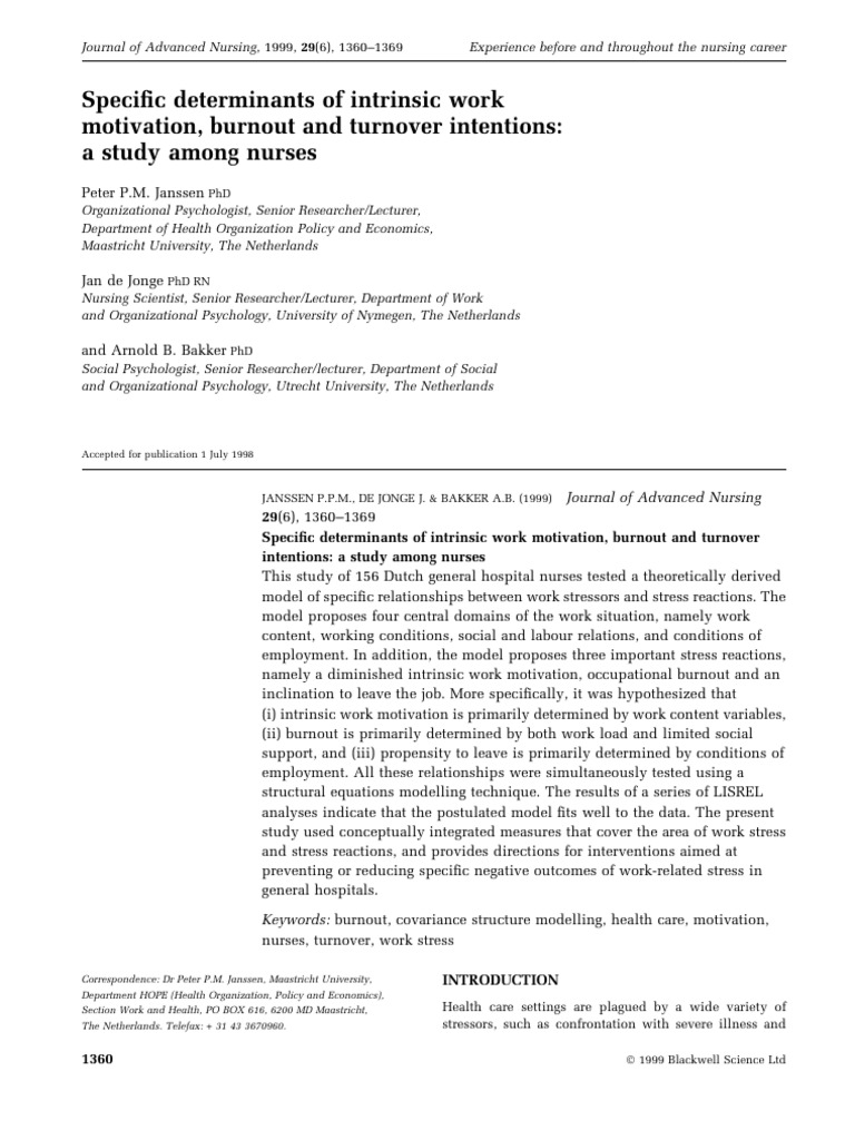 Specific Determinants of Intrinsic Work Motivation, Burnout and Turnover Intentions - A Study ...