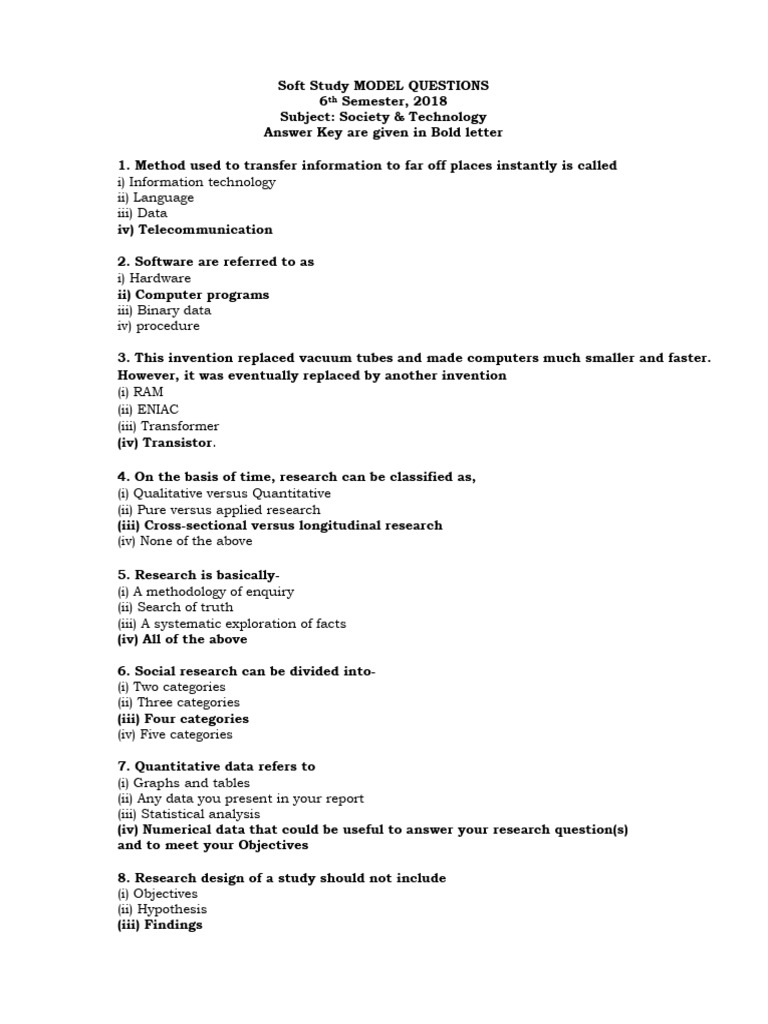 Model Question Bank of Society - Technology 2018 | PDF