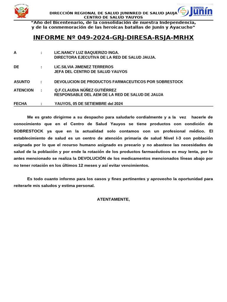 Informe Silvia 047 Devolucion de Medicamentos Agosto.2024 | PDF