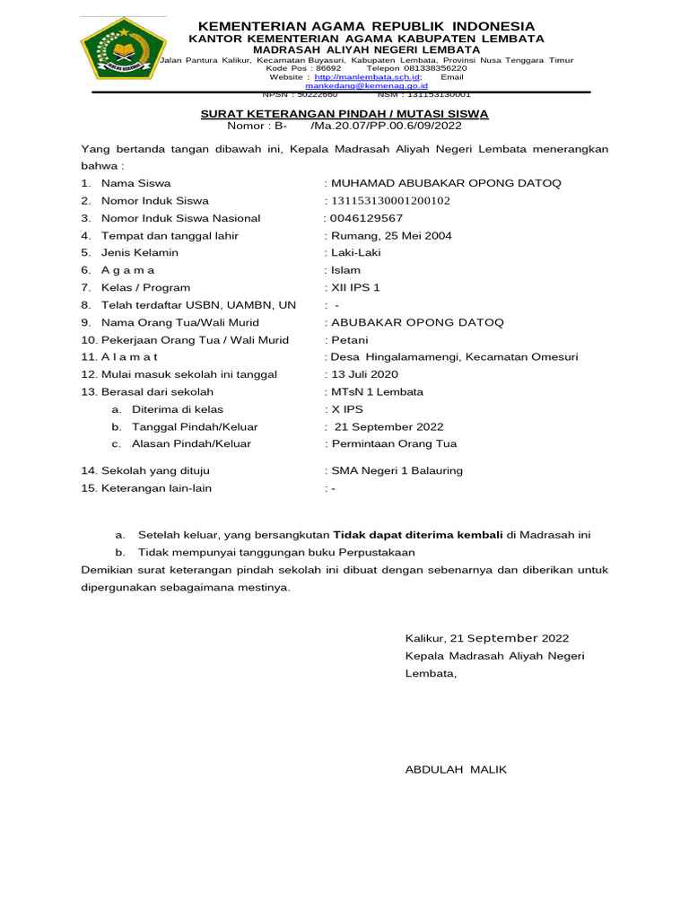 Surat Pindah Siswa Pdf