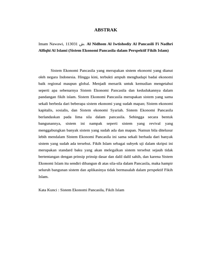 Abstrak Al Nidhom Al Iwtishodiy Al Pancasili Fi Nadhri Alfiqhi Al Islami | PDF