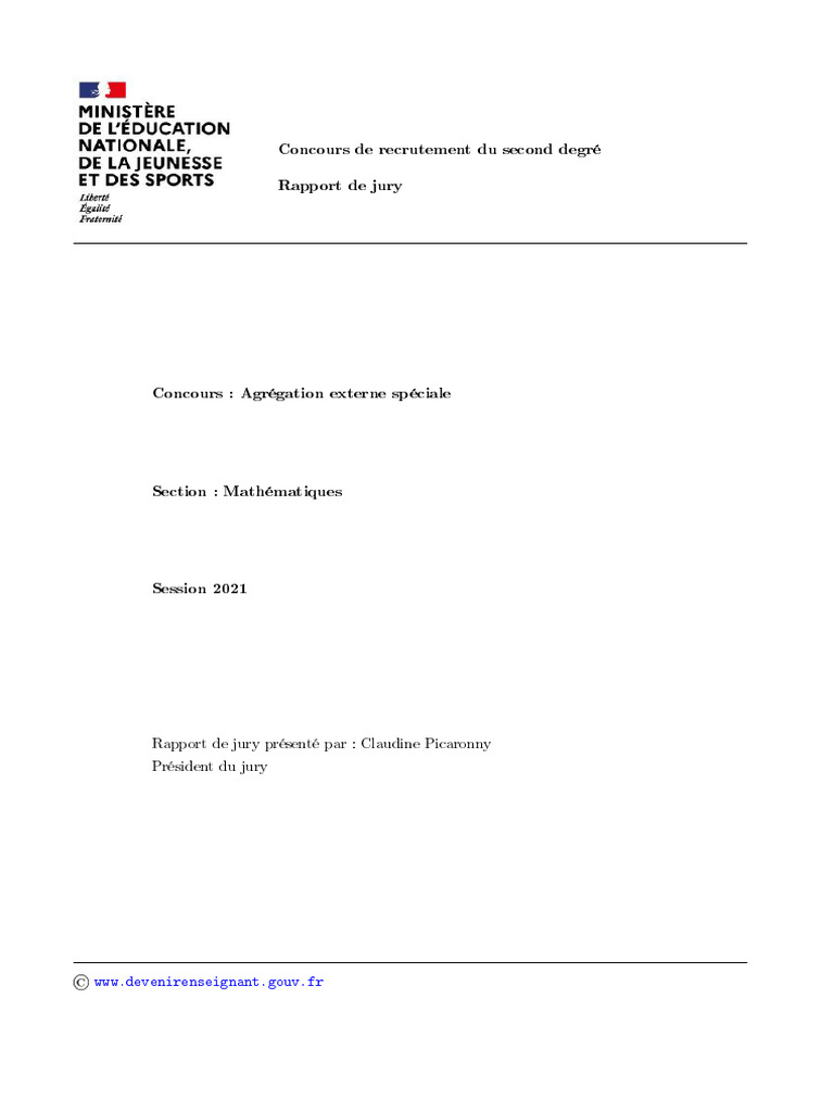 Concours Externe SP Cial de L Agr Gation Section Math Matiques - Rapport Du Jury de La Session ...