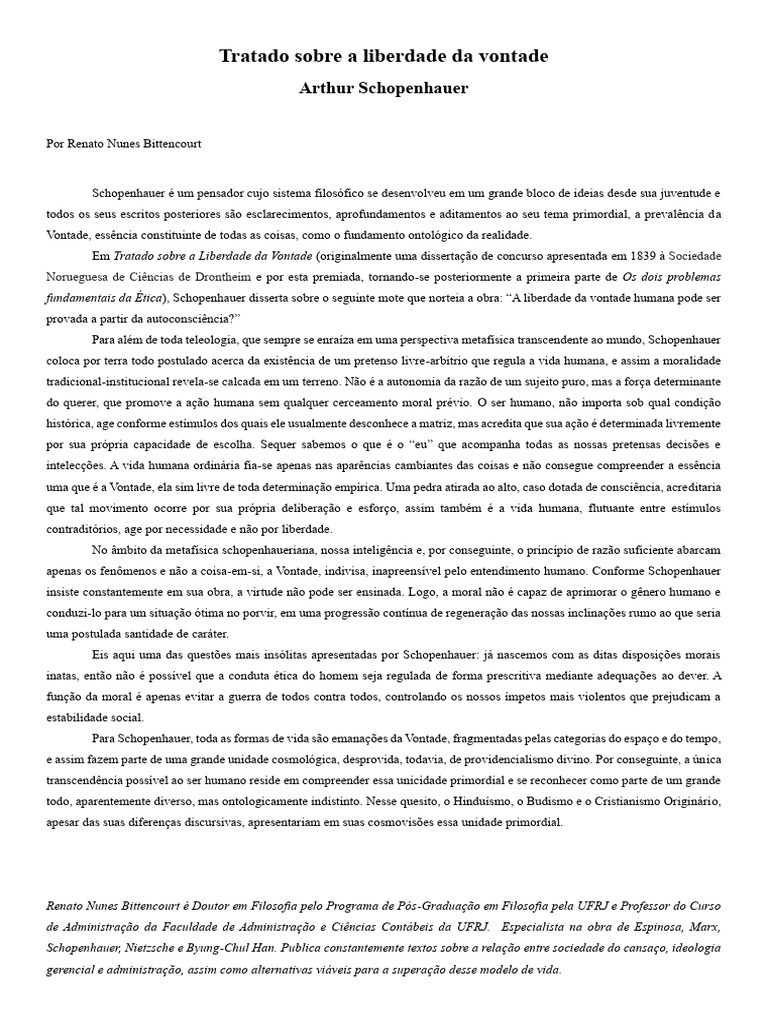 Tratado Sobre A Liberdade Da Vontade: Arthur Schopenhauer | PDF