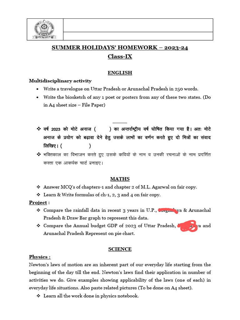 Class-IX Summer Holiday Homework - Copy H | PDF | Teaching Methods ...