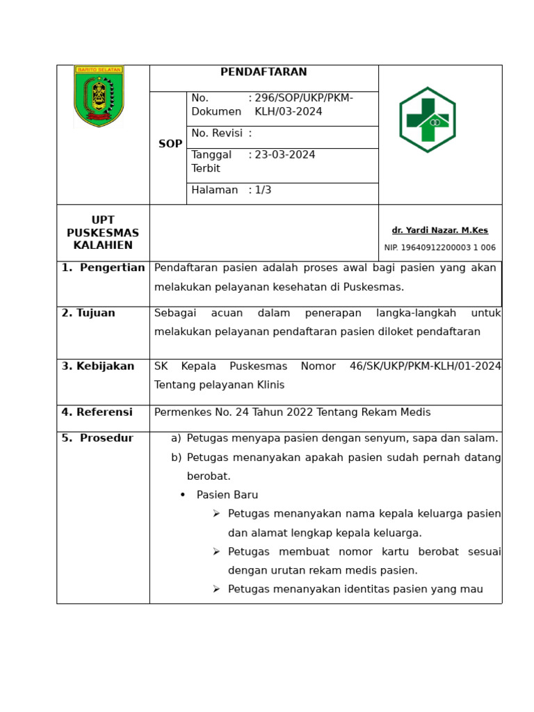 Sop Pendaftaran (Revisi) | PDF