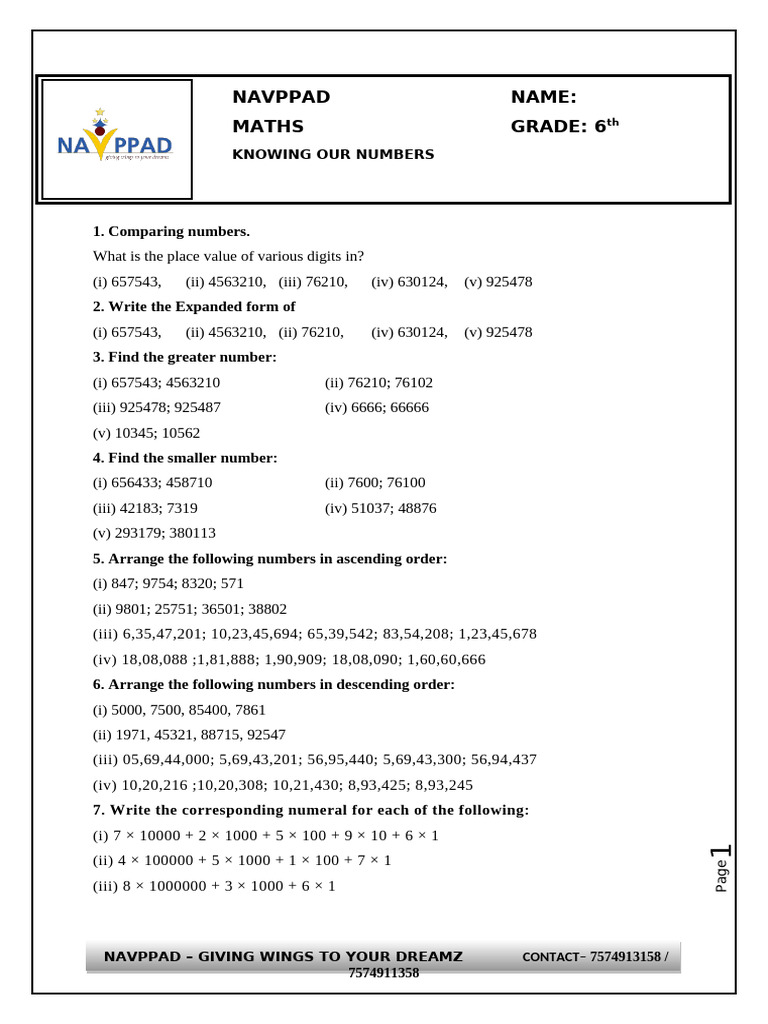 Maths Class 6 CH 1 Assingment | PDF