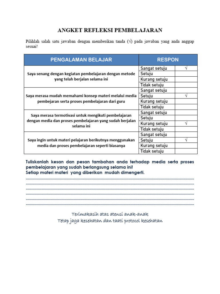 Angket Refleksi Pembelajaran | PDF