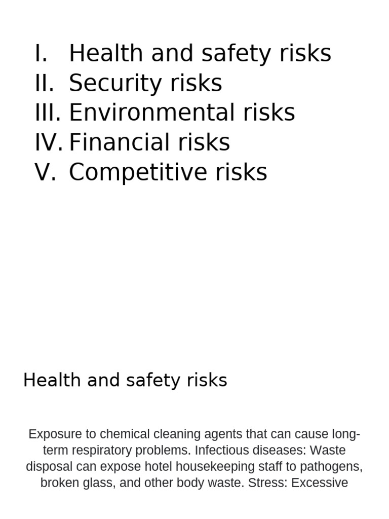 I. Health and Safety Risks II. Security Risks III. Environmental Risks ...