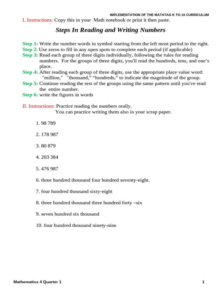 Math 4B Reading and Writing Numbers | PDF