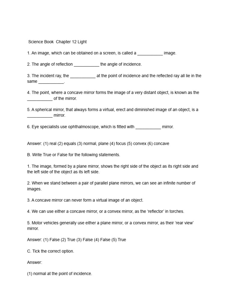 Chapter 12 Light Science Ques Answer | PDF