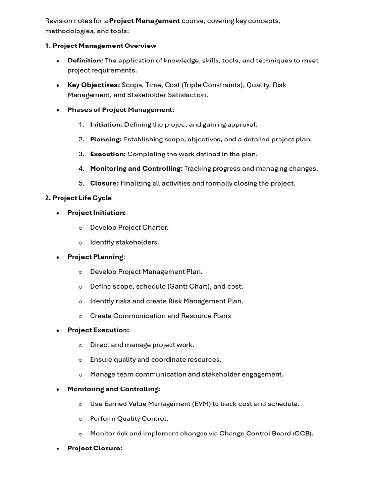 Revision Notes For A Project Management Course | PDF