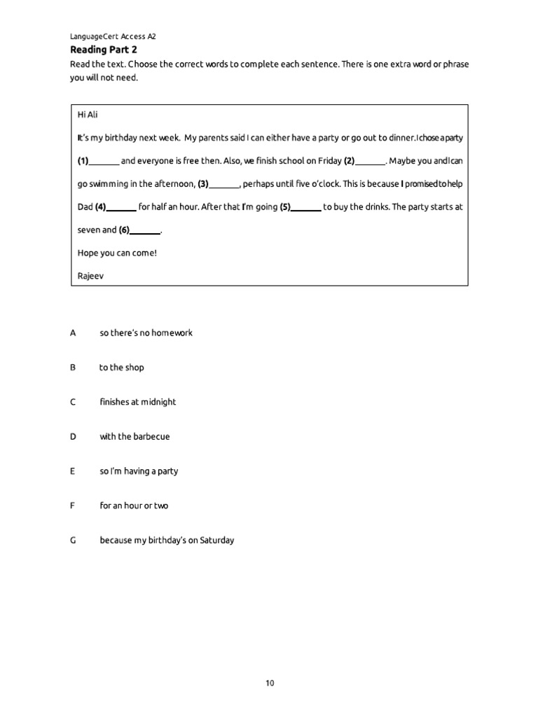 A2 T1 Reading Part 2 | PDF