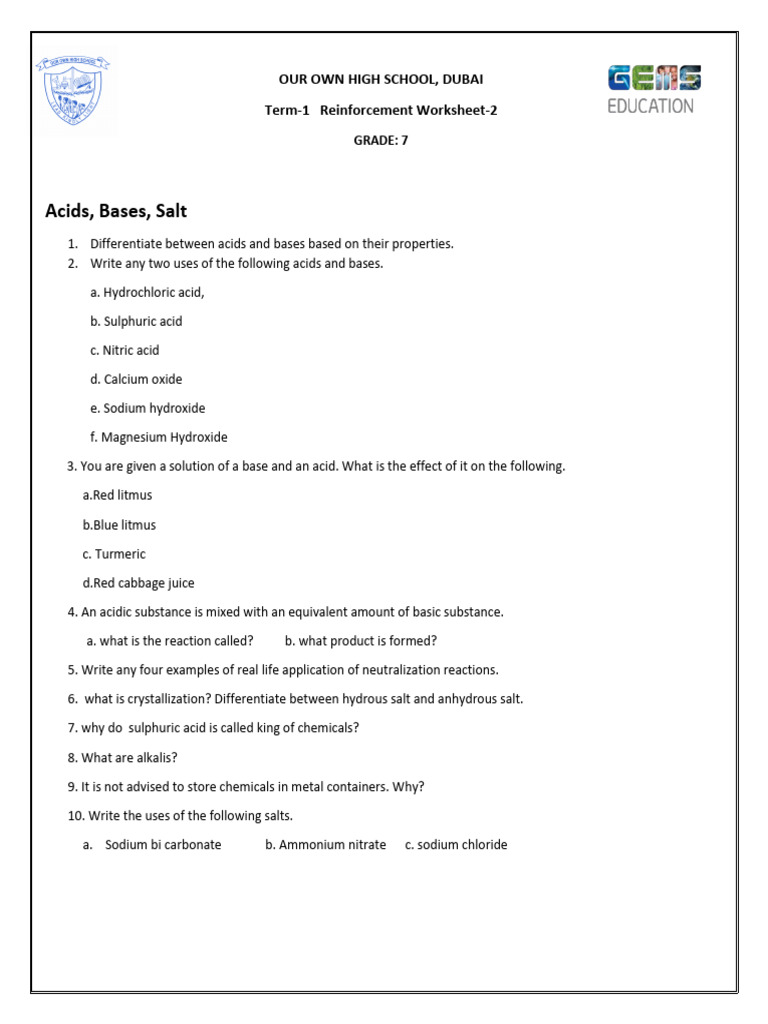 Term-1 Reinforcement Worksheet-2 | PDF