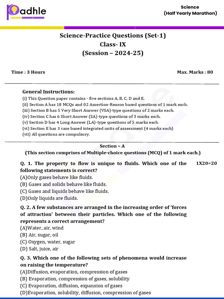 Science-Practice Questions (Set-1) - 9th | PDF