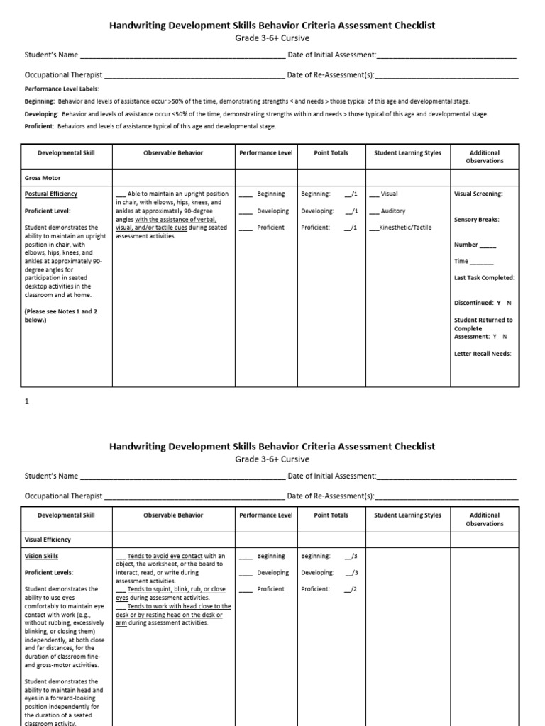 Handwriting Development Skills Behavior Criteria Assessment Checklist ...