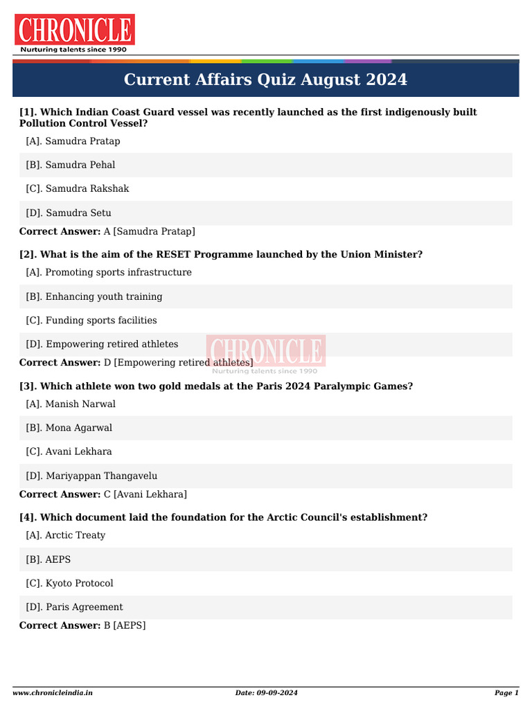 Current Affairs Quiz August 2024 | PDF