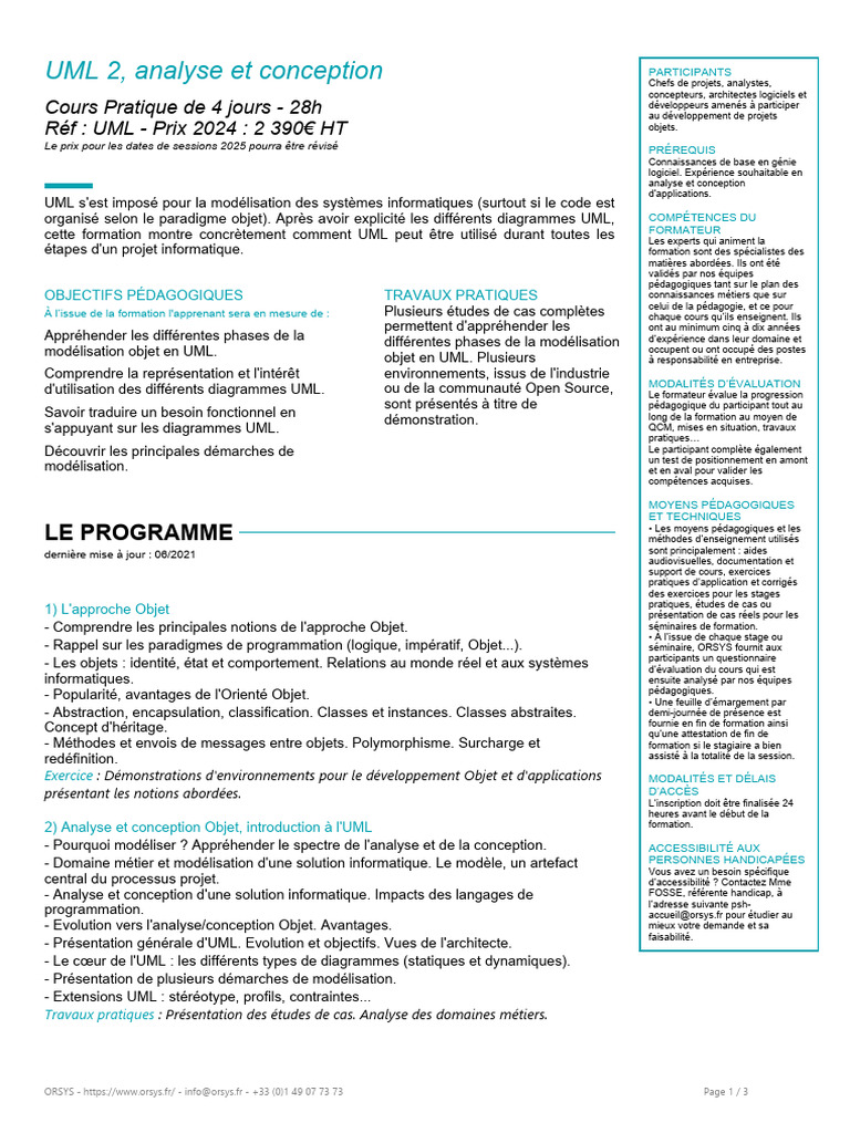 UML 2, Analyse Et Conception: Cours Pratique de 4 Jours - 28h Réf: UML - Prix 2024: 2 390 HT | PDF