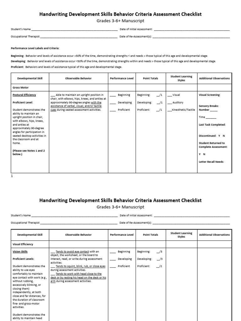 Handwriting Development Skills Behavior Criteria Assessment Checklist ...