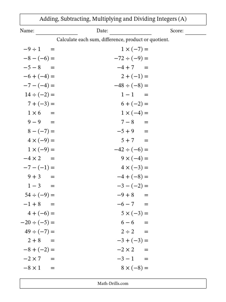Integers All Operations a (1) | PDF