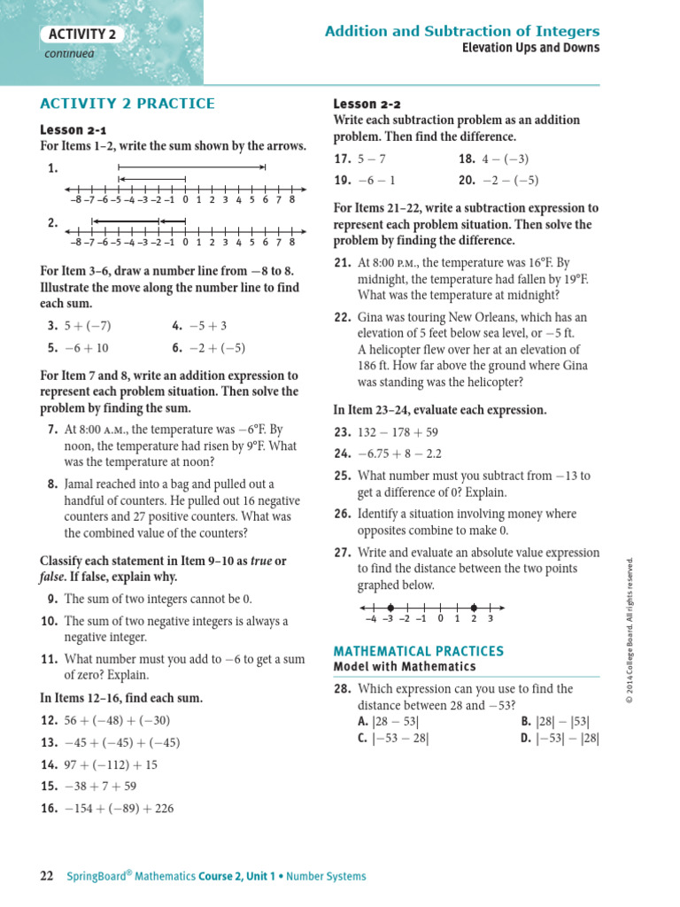 SpringBoard Activity Practice 2 Adding and Subtracting | PDF