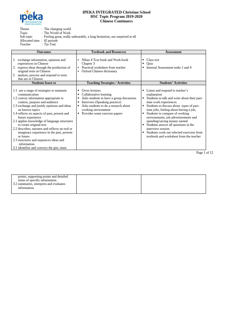 Chinese Continuers HSC Topic Program (2019-2020) | PDF