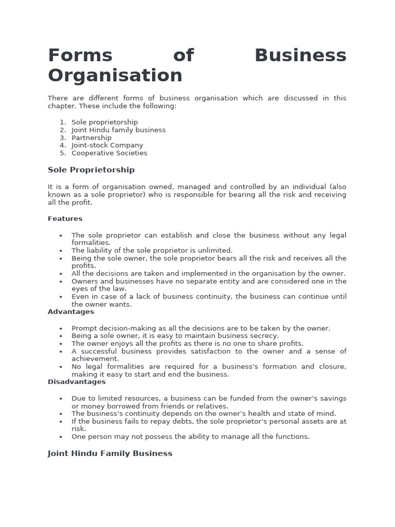 Forms of Business Organisation Notes | PDF | Partnership | Sole ...