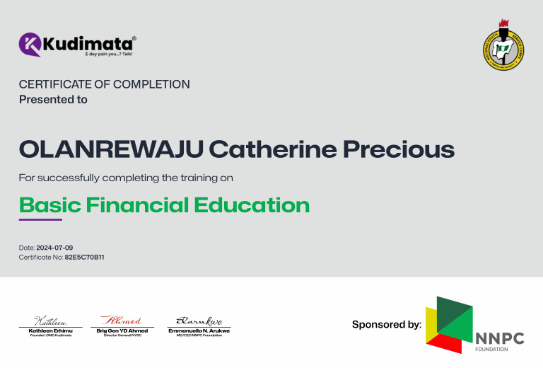 OLANREWAJU Catherine Precious - Kudimata - Certificate | PDF