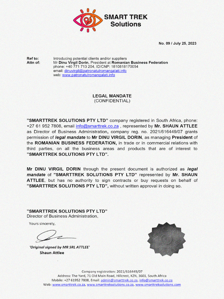 Dinu Legal Mandate Smarttrek SA Signed-scan | PDF