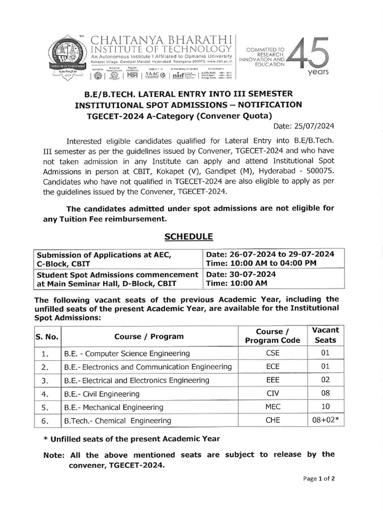 Cbit Tgecet 2024 Spot Admission Notification Guidelines 2024 | PDF