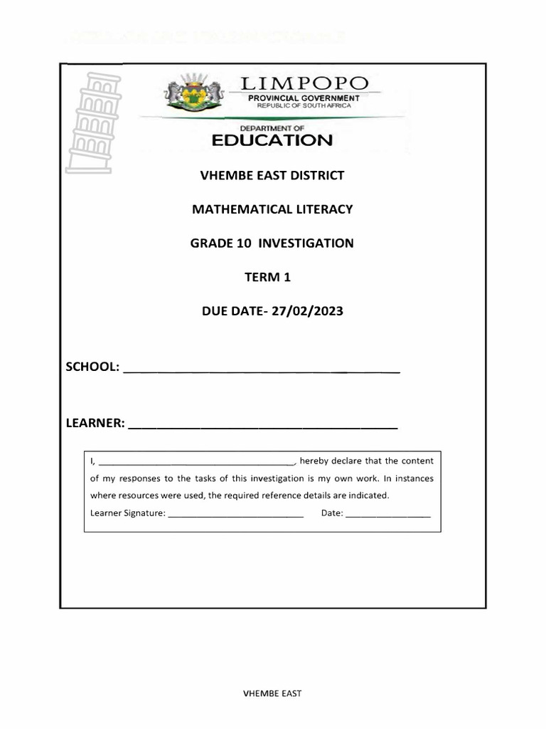 LP Maths Literacy Grade10 Investigation 2023 and Memo | PDF