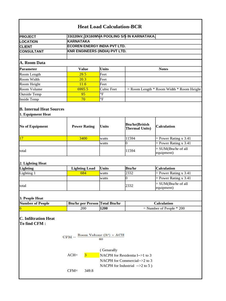 Heat Load Calculation Sheet-Bcr | PDF