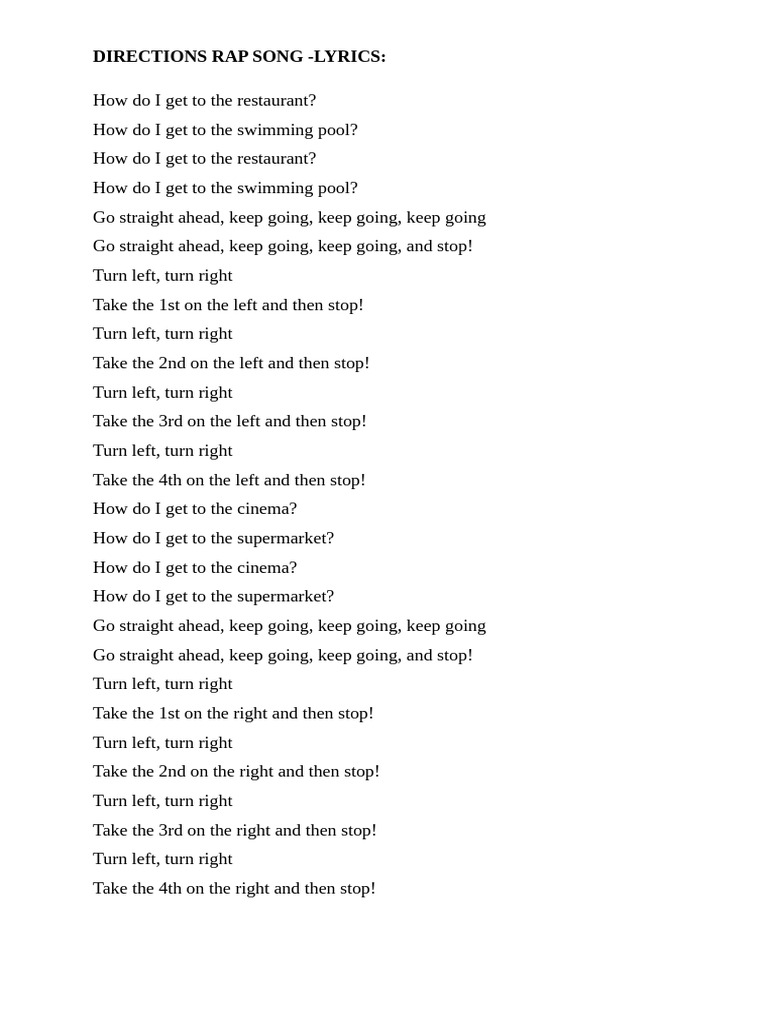DIRECTIONS RAP SONG For Kids | PDF | Language Arts & Discipline | Poetry