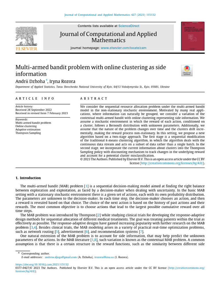Multi-Armed Bandit Problem With Online Clustering As Side | PDF | Statistical Theory ...